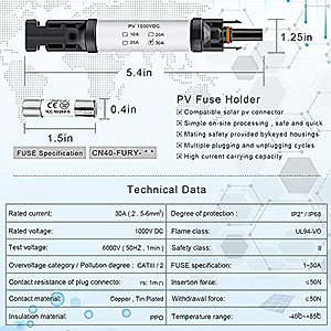 Pvfarosh 30A Solar Fuse Connector IP68 Waterproof 1000V in-line Fuse Holder 30A Male and Female Connector Waterproof in-Line Fuse Holder (Contains 4 fuses + 2 Solar Fuse Holders)… (30A)