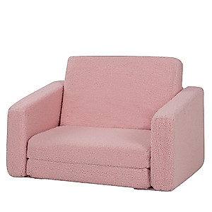 Flip Out Foam Kid Sofa Chair,2 in 1 Convertible Sofa to Lounger for Childrens up to 3 Years,Sherpa Flip Open Toddler Sofa Couch for Kid Play， for Baby Gifts (22.04" W) (Pink)
