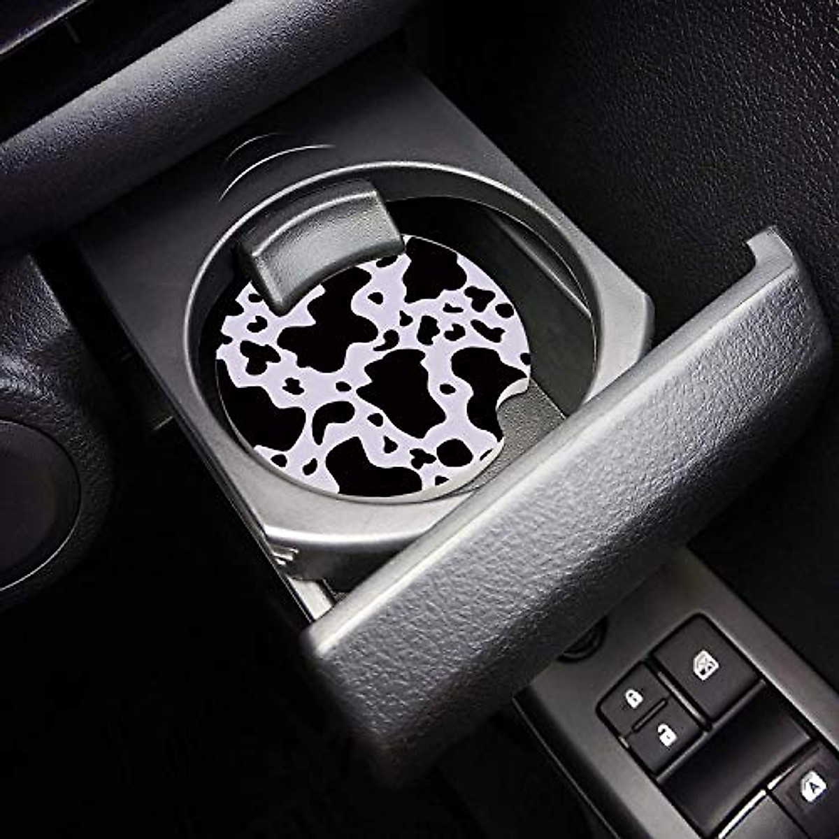 Small Car Coasters 2 Pack 2.56", Absorbent Stone Coasters Ceramic Car Cup Coaster Drink Cup Holder Coasters Cow Print Animal Themed Black and White