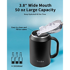 Trebo 50 oz Stainless Steel Mug Tumbler with Handle, Vacuum Insulated Large Iced Coffee Cup with Lids and Straws,Reusable Water Bottle Trave Flask Jug Keeps Drinks Cold up to 36 Hrs,Sweat Proof,Black