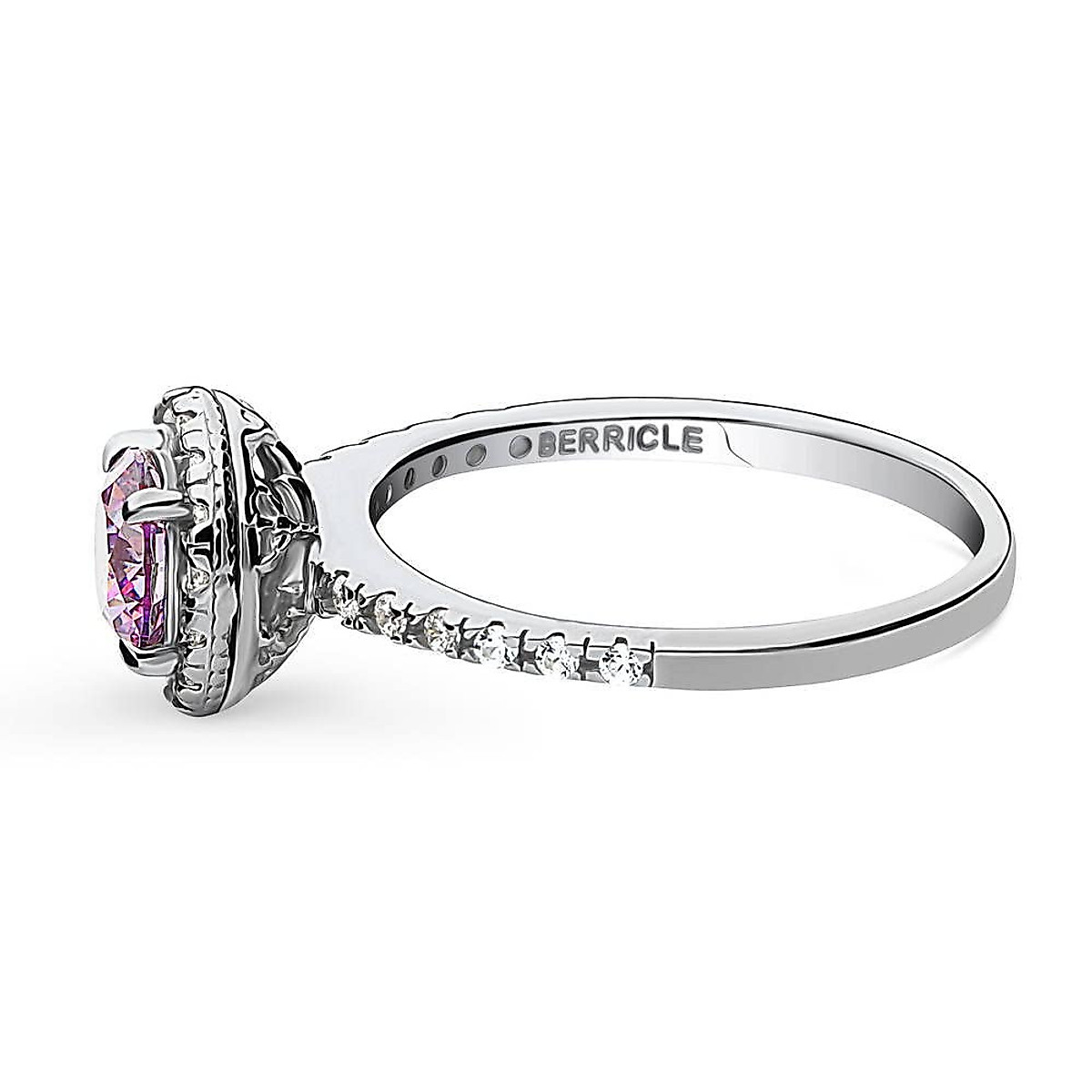 BERRICLE Sterling Silver Halo Purple Round Cubic Zirconia CZ Fashion Ring for Women, Rhodium Plated Size 4