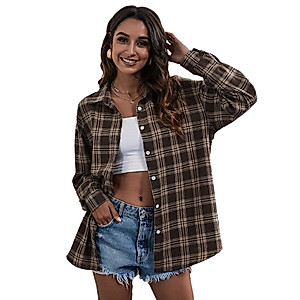 SweatyRocks Women's Long Sleeve Collar Long Button Down Plaid Shirt Blouse Tops Plaid Brown M