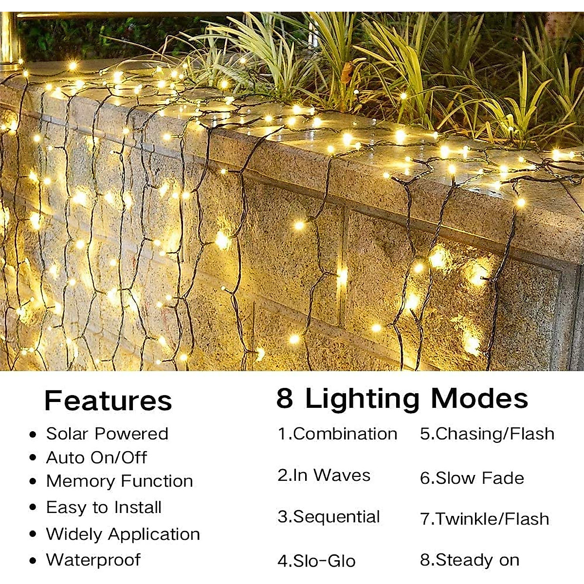 Joomer Solar Christmas Lights 72ft 200 LED 8 Modes Solar String Lights Waterproof Solar Fairy Lights for Christmas Decorations (Warm White)