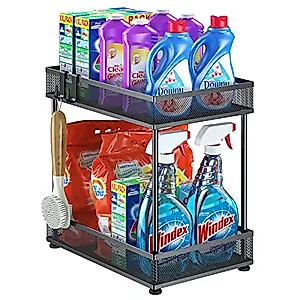 Bathroom ,Kitchen Sink Cabinet Organizer, 2 Tier Under Sink , Under Cabinet Organizers and Storage with 4 Hooks,Non-slip Feet, Metal
