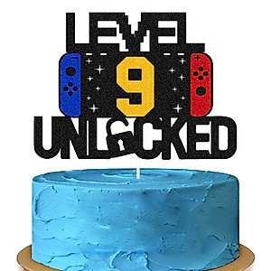 Level 9th Unlocked Sign Cake Topper Happy 9th Birthday Level Up Tenth Cake Decorations for Video Game Controller Themed Kids Boy Girl Bday Party Supplies Double Sided