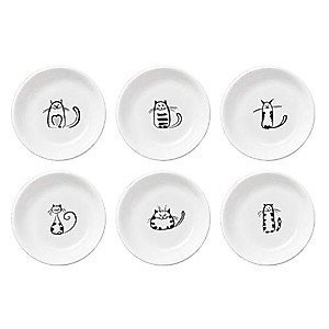 FUYU 6pcs Cute Cat Ceramic Sauce Dish Seasoning Dish Dessert Plate Snack Plate Side Dish, 4 inches