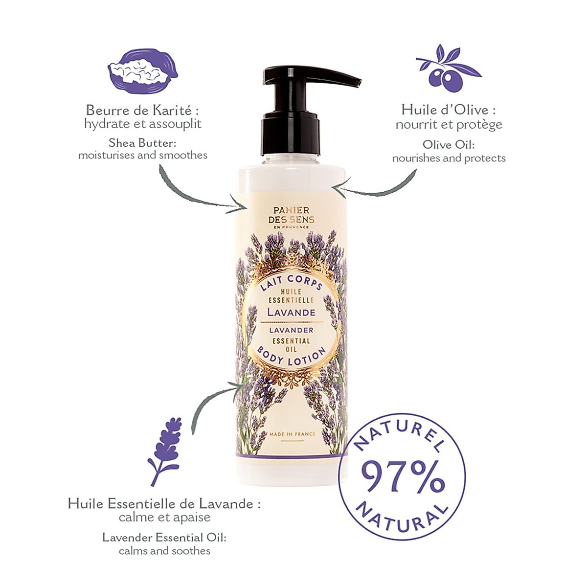 Panier des Sens - Lavender Body Lotion for Dry Skin - Hydrating Body Cream for Women - Nourishing Fluid Body Moisturizer with Shea Butter & Olive Oil - 97% Natural Ingredients Body Care - 8.45 Floz