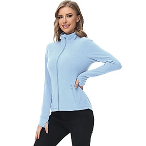 Fleece Zip Up Women Lightweight Soft Fleece Athletic Running Track Jackets Slim Fit Workout Jacket with Thumb Holes(Light Blue,Small)