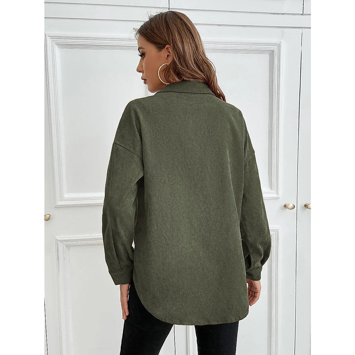 Floerns Women's Casual Long Sleeve Button Down Corduroy Shirt Blouse Top Army Green