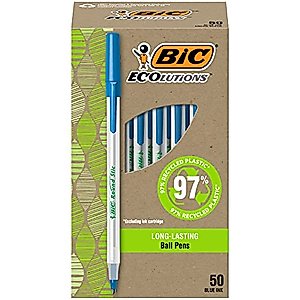 BIC Ecolutions Round Stic Ballpoint Pens, Medium Point (1.0mm), 50-Count Pack, Blue Ink Pens Made from 97% Recycled Plastic