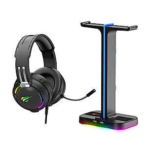 Havit RGB Gaming Headset and Headphone Stand 2 in 1 Set, Desk Dual Headset Hanger Base with Phone Holder & 2 USB Port, Gaming Headphone with Mic for Desktop PC Game PS4 PS5 Xbox