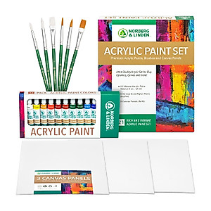 Norberg & Linden Acrylic Paint Set -12 Acrylic Paints, 6 Paint Brushes for Acrylic Painting, 3 Painting Canvas Panels - Premium Art Supplies for Adults Canvas Painting