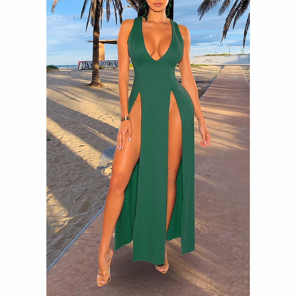 Sexy Maxi Dress for Women Sleeveless Front High Split Deep V Neck Party Long Bodycon Tank Dress