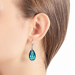Austrian Crystal Teardrop Dangle Hook Earrings for Women 14K Gold Plated Hypoallergenic Jewelry (Bermuda Blue)