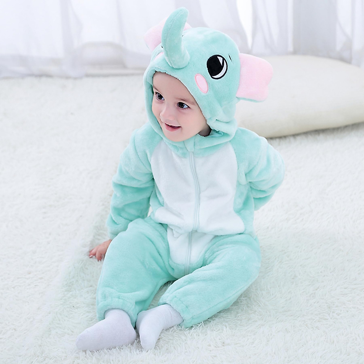 TONWHAR Kids' And Toddlers' Infant Tiger Dinosaur Animal Fancy Dress Costume Outfit Hooded Romper Jumpsuit (18-24 Months/Height:32"-35",Elephant)