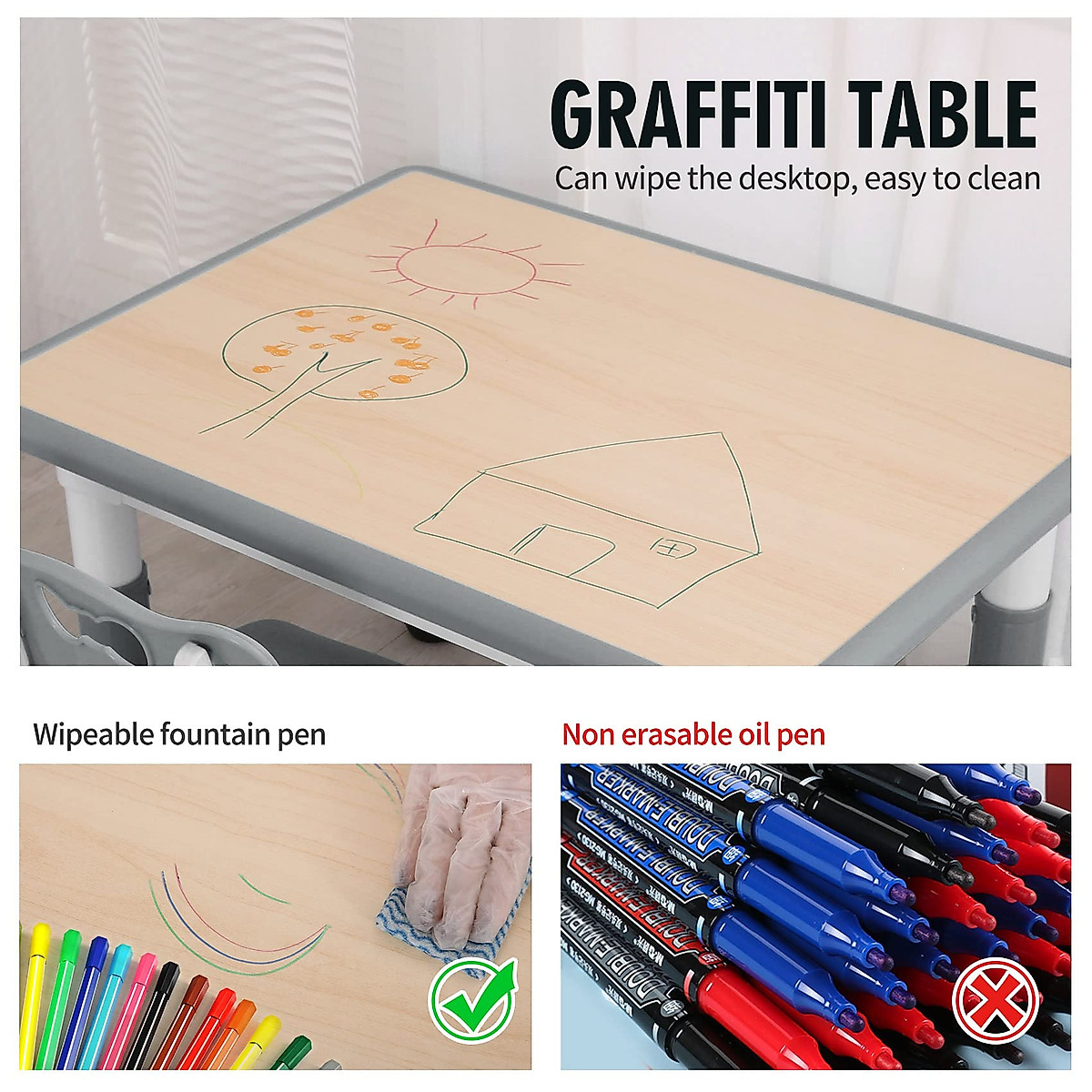 UNICOO Kids Table and Chairs Set, Height Adjustable Toddler Table and Chairs Set, Easy to Wipe Arts & Crafts Table, Suitable for Ages 2-10, Childrens Table and Chair Set (BY-60-MGY)