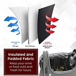 Truvelli Insulated Wine Tote Bag: Portable 2 Bottle Cheese Waterproof Black Canvas Carrier Picnic Kit - Stopper Attachment, Plus Wooden Charcuterie Board