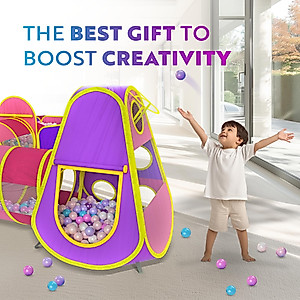 Playz 5pc Kids Princess Play Tent, Ball Pit with Basketball Hoop & Kids Play Tunnel for Toddlers, Babies, Kids, Girls & Boys Indoor & Outdoor Pop Up Playhouse Bundle with Bag, Yellow, Pink & Purple