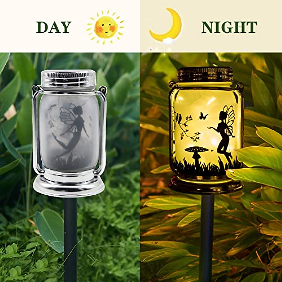 2 Pack Solar Fairy Lantern Mason Jar Light, Red&Purple Rose Flower with Fairy Stickers Mother's Day Gifts Solar Hanging Lantern Stake Lights Garden Wedding Party Decoration(Warm White&Multi Color)