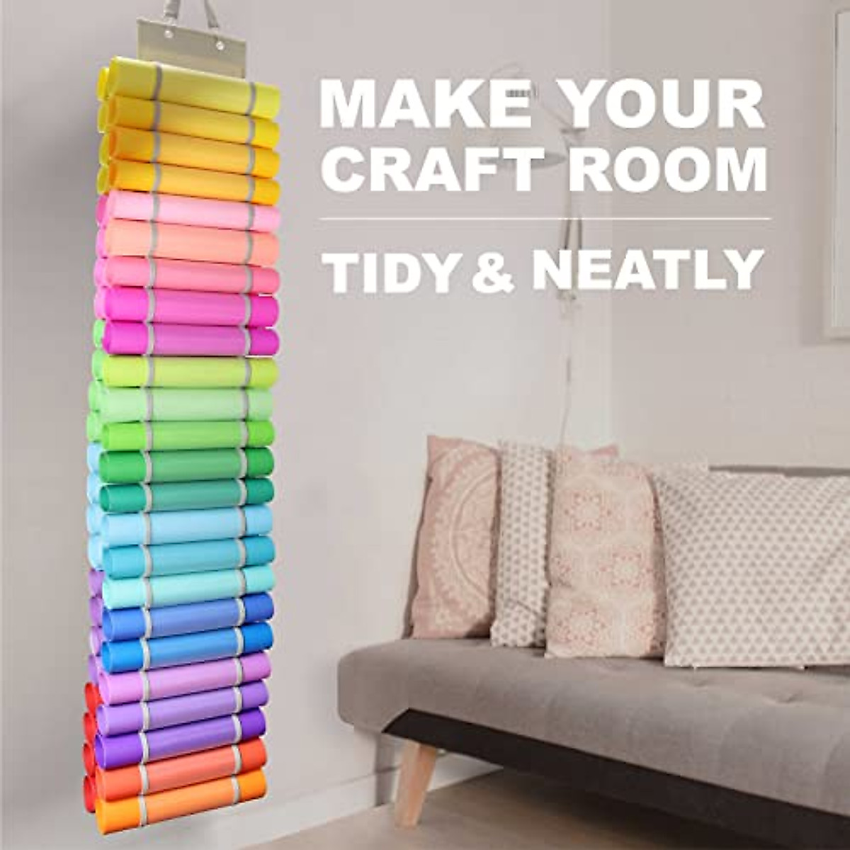 HOME SHARON Vinyl Roll Holder - 48 Rolls Storage Organizer, Nylon Organizer for Vinyl Sheet, Cardstock, Scrapbook Paper - Hanging Hook and Strap Included