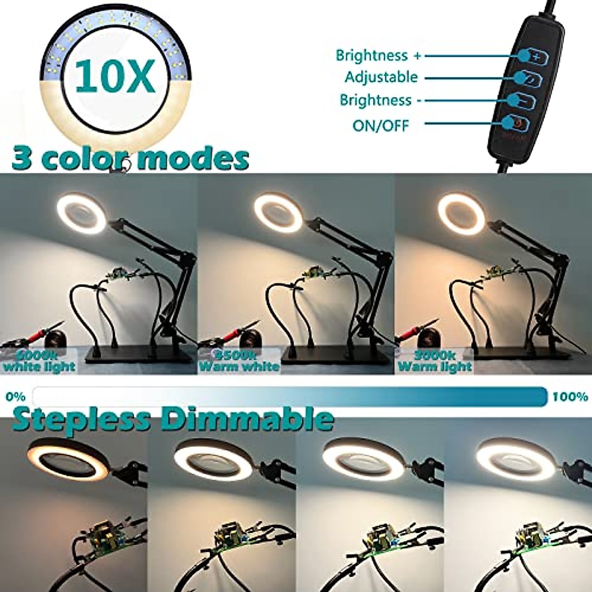 10X Magnifying Glass with Light and Stand, KUVRS Flexible Magnetic Helping Hands, Large Base & Clamp Magnifying Lamp, 3 Color Adjustable Arm Desk Magnifying Glass with Light for Soldering Craft Hobby