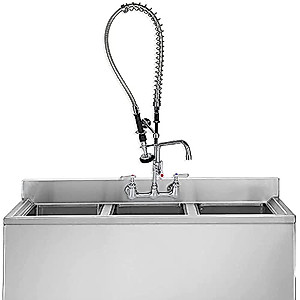 TCEUMIK Commercial Kitchen Sink Faucet with Pre-Rinse Sprayer 8'' Center 36'' Height with 12'' Swivel Spout Adjustable Wall-Mount Faucet for 2 or 3 Industrial Restaurant Compartment Utility Sinks