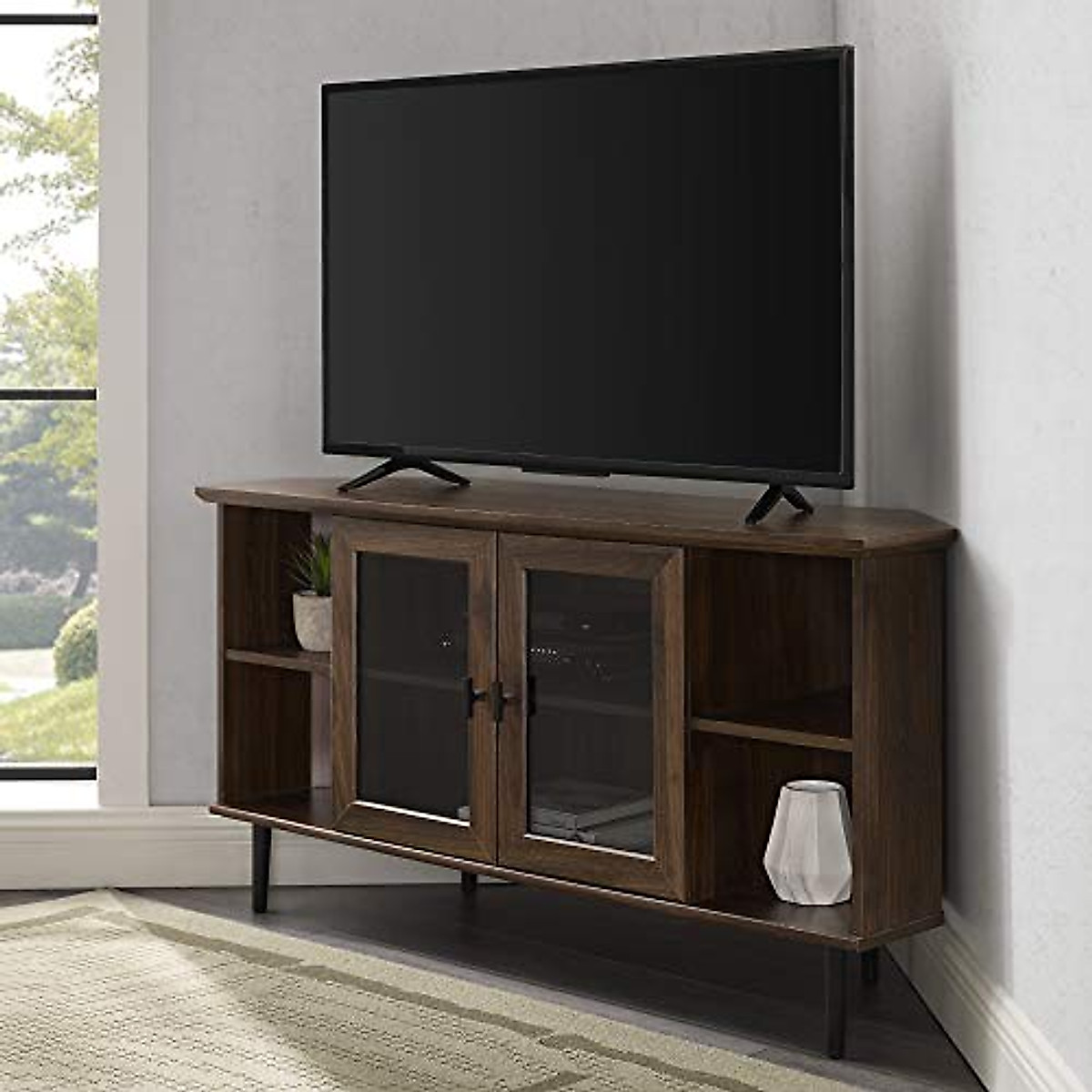 Walker Edison Modern Wood Corner Universal TV Stand with Open Shelves Glass Cabinet Doors Storage for TV's up to 55" Flat Screen Living Room Storage Entertainment Center, 48 Inch, Dark Walnut