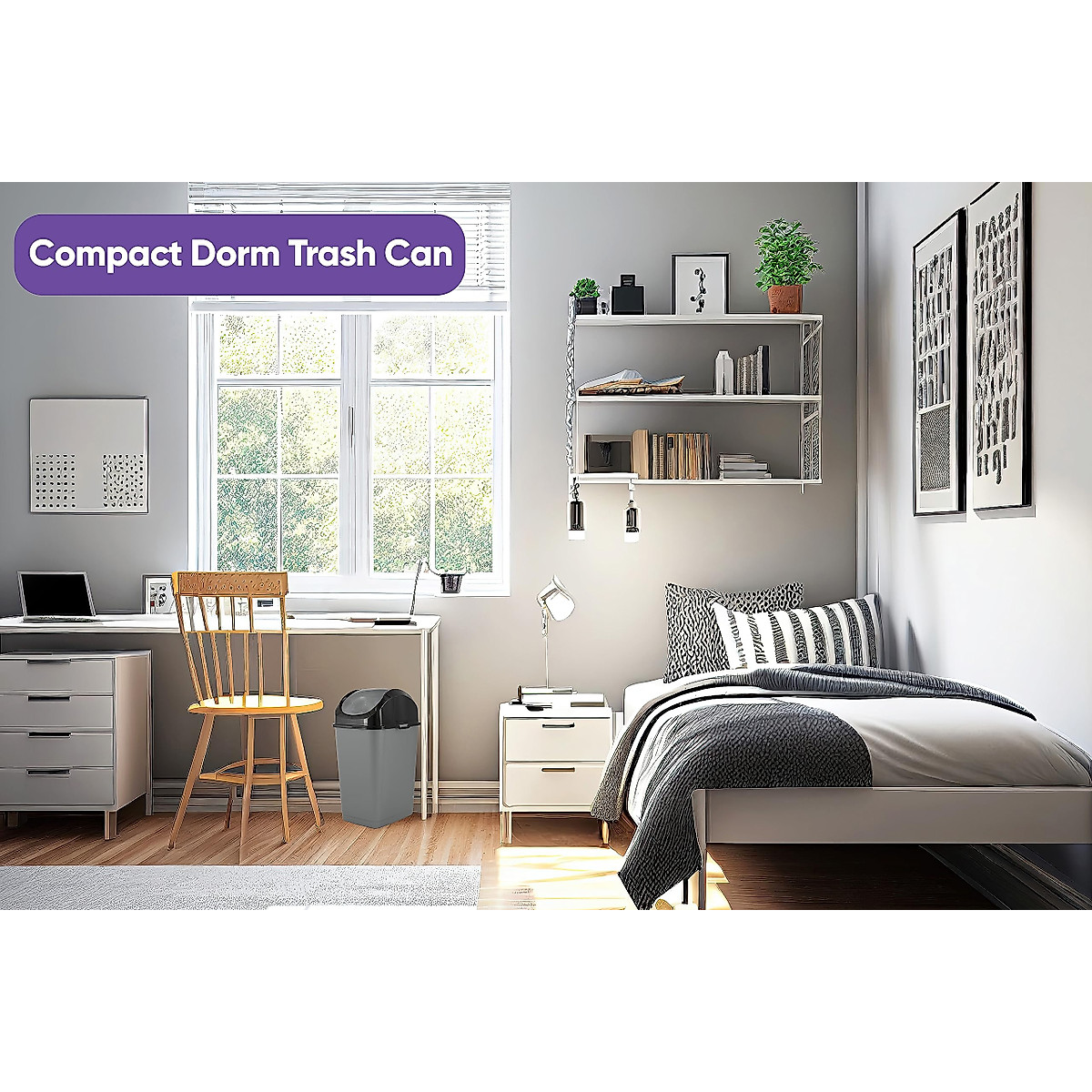 Superio Trash Can with Swing Top Lid 9 Gallon, Grey and Black Slim Waste Bin Durable Plastic 37 Qt Fit Small Spaces, Office, Bathroom, Under