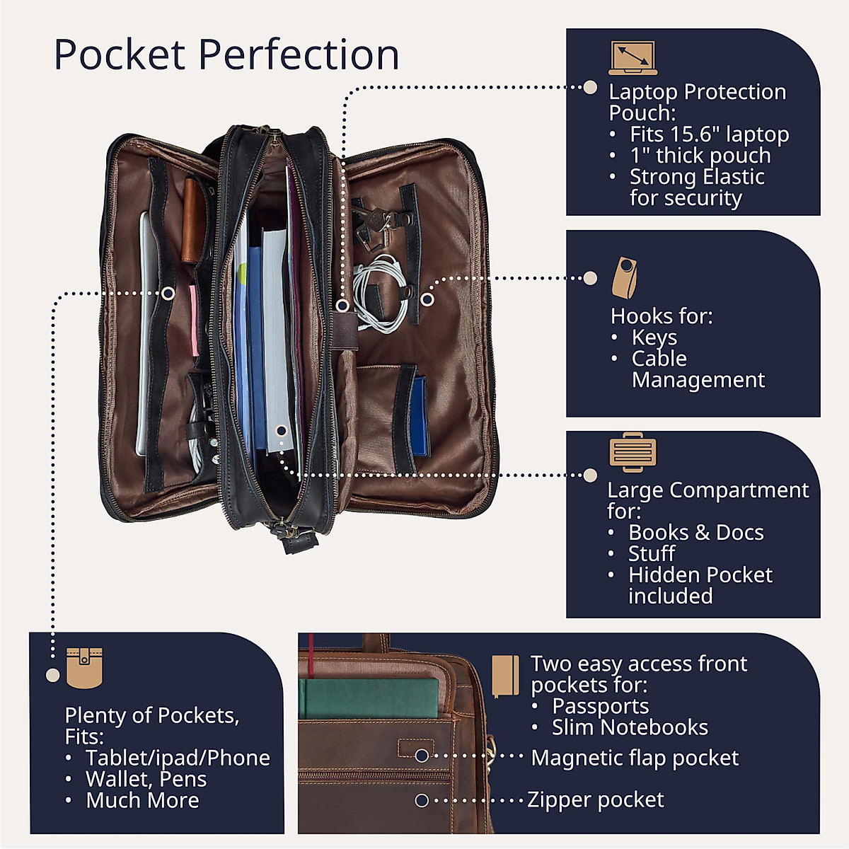 Luxorro Full Grain Leather Briefcase for Men, Top Choice Gifts for Men, Handcrafted Leather Laptop Bag with Multiple Compartments and Brass Hardware, Fits 15.6 Inch Laptop