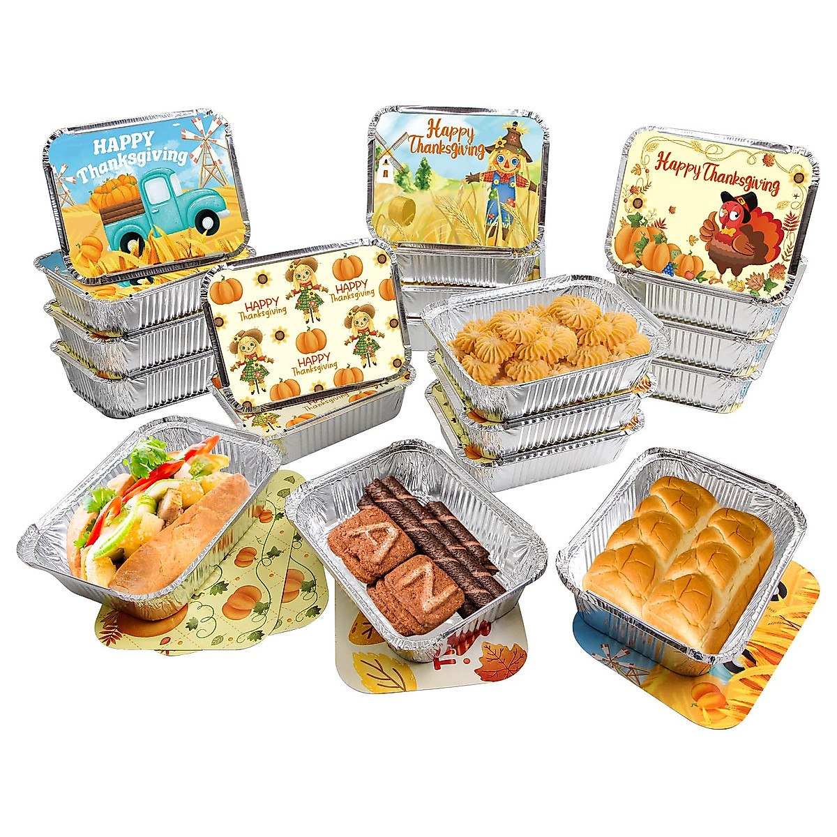 WorldBazaar Cute Thanksgiving Aluminum Containers with Lids 36PCS Thanksgiving Food Leftover Containers Disposable Fall Turkey Foil Pans Food Sacks Storage Thanksgiving Party Supplies