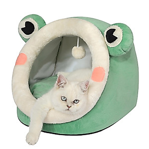 Jiupety Cute Cat Bed, Indoor Lovely Crystal Velvet Igloo for Cat and Small Dog, Warm Cave Sleeping Nest Bed for Puppy and Kitten, Green Frog, M.