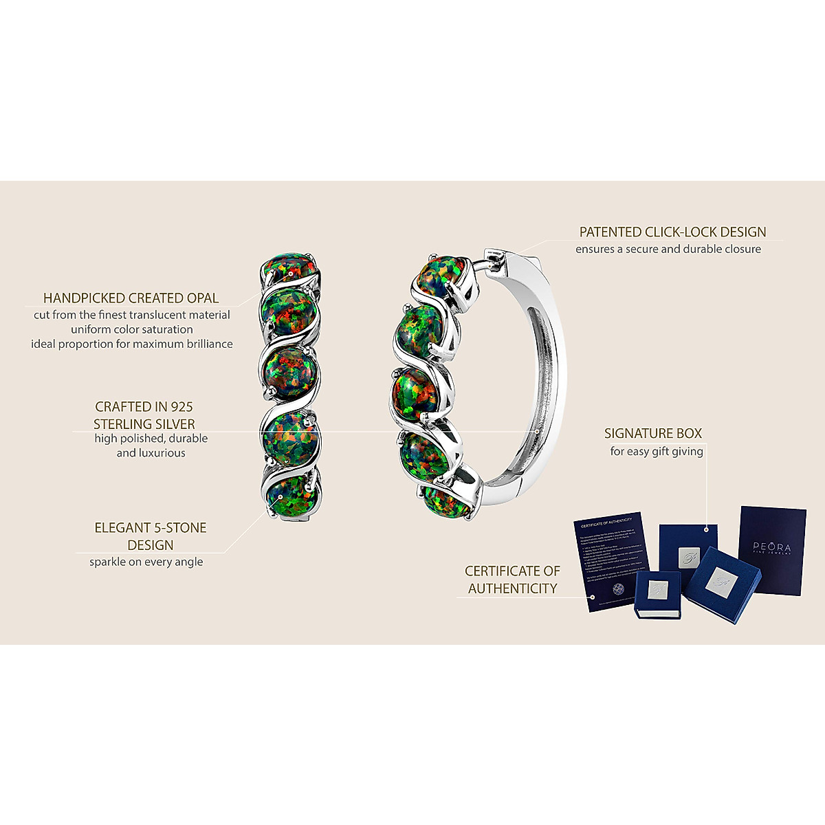 Peora Created Black Fire Opal Hoop Earrings in Sterling Silver, 2.50 Carats total Round Shape, Hypoallergenic, 1 inch Diameter, Patented Click Lock