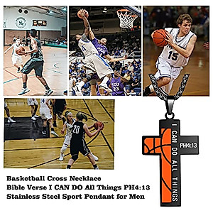 Susook Basketball Cross Necklace for Boys Bible Verse I CAN DO All Things Stainless Steel Sport Pendant for Men(Black)