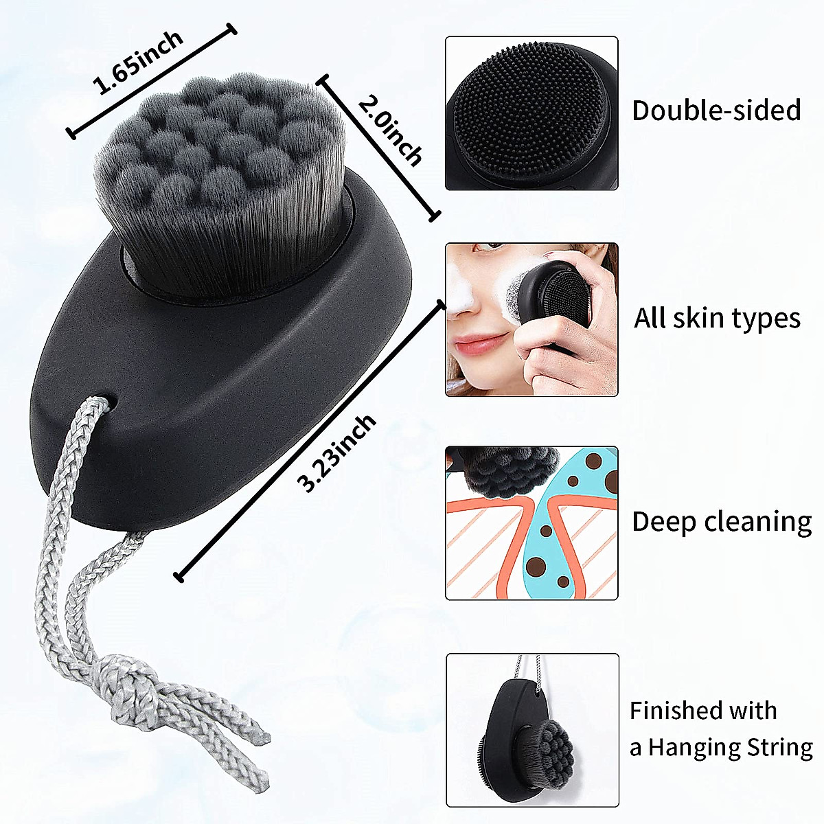 Beomeen Facial Cleansing Brush 2 Pack, 2 in 1 Silicone Face Scrubber for Men Exfoliating Pore Deep Cleansing, Dual Sided Face Wash Brush with Soft Bamboo Charcoal Microfiber and Lid for Women, Black