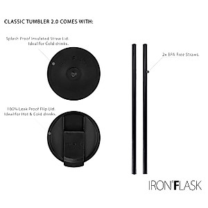 IRON °FLASK Classic Tumbler 2.0-2 Lids (Straw Flip), Vacuum Insulated Stainless Steel Water Bottle, Double Walled, Thermos Travel Mug - Midnight Black, 16 Oz, Mothers Day Gifts for Mom