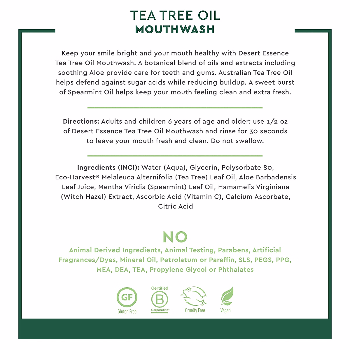 Desert Essence Tea Tree Oil Mouthwash - 16 Fl Ounce - Pack of 6 - Natural Refreshing - Spearmint Flavor - Helps Reduce Plaque Buildup - Refreshes Mouth & Gums - Vitamin C - Oral Care - No Parabens