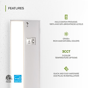 ASD LED Under Cabinet Lighting 24 Inch, Dimmable, Hardwired or Plug-in Installation, 3 Color Levels- 2700K/3000K/4000K, Linkable Kitchen Under Counter Lighting, ETL & Energy Star, White Finish