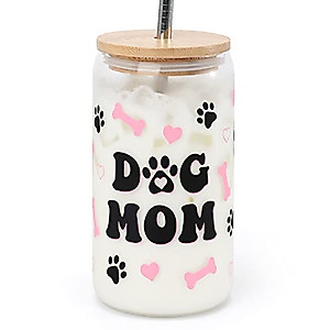 Dog Mom Gifts Beer Glass Can for Women 16oz Dog Paw Iced Coffee Cup with Bamboo Lid and Metal Straw for Dog Pets Lover Smoothie Wine Coffee Tumbler Cold Drinking Glass Birthday Gift Her Spring Summer