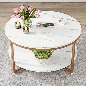 Two-Tier Round Marble Modern Coffee Table with Metal Legs and Open Storage Shelf for Living Room White Gold Contemporary MDF Wood Finish Water Resistant