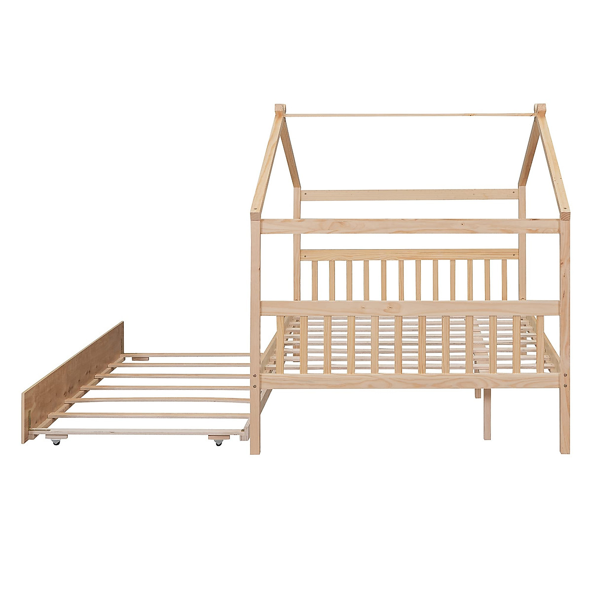 Quarte Full Size Wooden House Bed with Twin Size Trundle,Wooden Daybed Tent Bed for Kids Boys Girls Bedroom,Can be Decorated (Natural/House6)