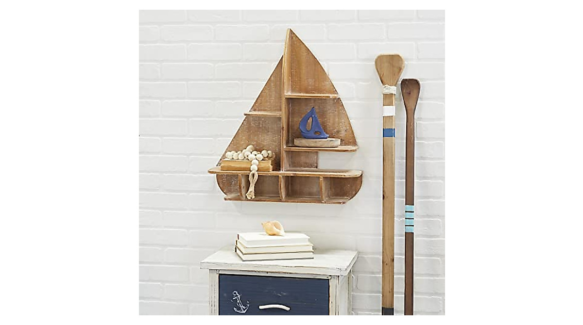 Deco 79 Nautical Wood Sail Boat Wall Shelf - 8 Cubbies