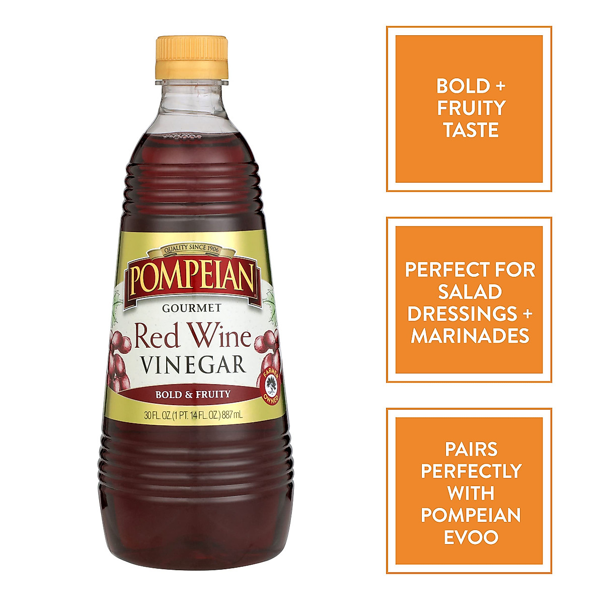 Pompeian Gourmet Red Wine Vinegar, Perfect for Salad Dressings, Marinades & Sauces, Naturally Gluten Free, 30 Ounce