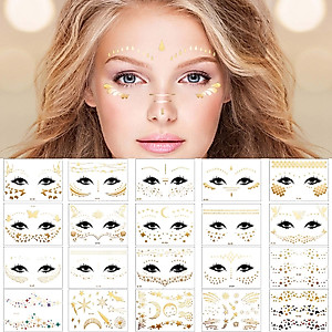 Zonon,20 Sheets Face Metallic Temporary Tattoo Sticker, Face Gold Temporary Transfer Tattoo Freckle Sticker for Women Girls Halloween Makeup Dancer Costume Parties