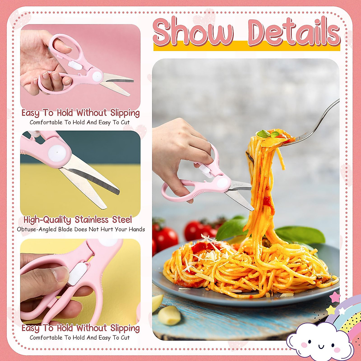 Jingmore 3 Pieces Toddler Utensils with Case 1 Pcs Toddler Fork and Spoon 1 Pcs Baby Food Scissor with Safety Lock Stainless Steel Baby Silverware Set Toddler Travel Essential for Safe Dining (Pink)