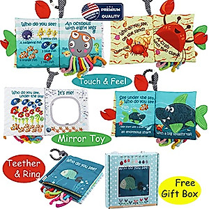 Soft Cloth Crinkle Books Touch Feel Baby Books 0-6 Months for Babies,Infants,Toddlers,Baby Boy Girl Toys 0-3 Months 6 to 12 Months 1-3 Years Old Shower Gifts Box, Sensory Toy Fish Octopus,Teether Ring