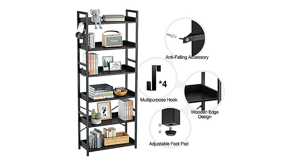 Rolanstar Black 6-Tier Bookshelf with Charging Station | Space-Saving ...