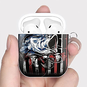 Fishing American Flag USA Bass Fish for AirPods Case Cover for Airpods 1&2, Wireless/Wired Charging Protective AirPods Case with Keychain White