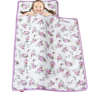 Toddler Nap Mat for Girls Floral, Warm Kids Sleeping Mat with Removable Pillow and Fleece Minky Blanket, Lightweight Perfect for Kids Preschool, Daycare, Travel Sleeping Bag, Fit Standard Cot