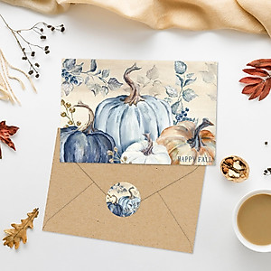 Whaline 50 Pack Fall Thank You Cards Bulk Boxed Vintage Blue Pumpkin Greeting Cards with Envelope Sticker Blank Note Cards for Autumn Thanksgiving Wedding, 4 x 6 Inch