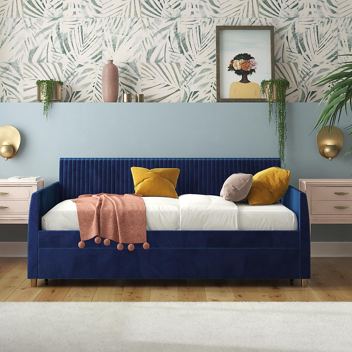 Mr. Kate Daphne Upholstered Daybed with Roll Out Trundle, No Box Spring Needed, Twin/Twin Size, Blue Velvet